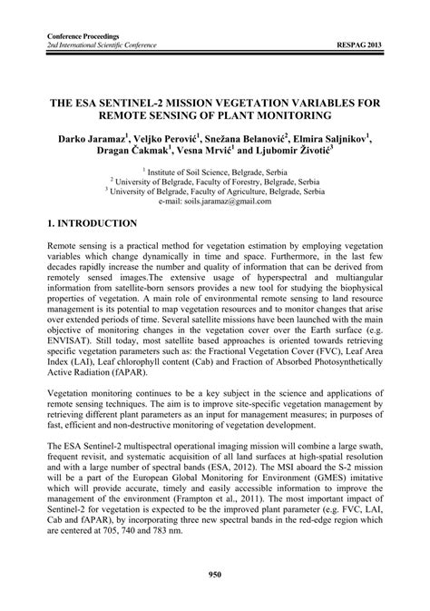 Pdf The Esa Sentinel 2 Mission Vegetation Variables For Remote Sensing Of Plant Monitoring
