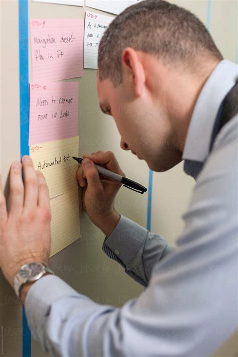 Agile Software Team Member Writing On The Iteration Card Wall By