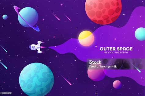 로켓과 공간 미래 현대 다채로운 배경 우주선 밤 하늘에서 우주선 태양계 은하계 우주 탐사 벡터 일러스트레이션 가득 찬에 대한 스톡 벡터 아트 및 기타 이미지 Istock