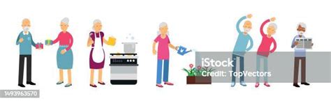 은퇴한 노인 남자와 여자는 취미 활동 벡터 세트에 종사하는 자유 시간을 보내고 있다 가정 주방에 대한 스톡 벡터 아트 및 기타 이미지 가정 주방 가정의 방 개체 그룹