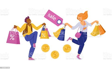 행복한 여자와 남자 구매자 또는 쇼핑 중독자 댄스 손에 쇼핑 백을 보유하고 소매 소비자주의에 대한 스톡 벡터 아트 및 기타