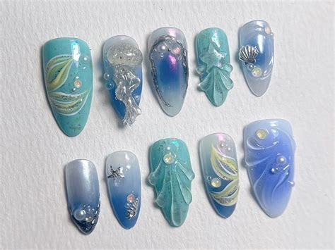 Blue Ocean Theme Style Nails Ocean Inspired Press On Nails Marine Nail