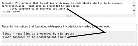 why so recently began removing formatting whitespace within code blocks