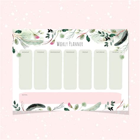 Planificador Semanal Con Fondo Floral Y Follaje Acuarela Vector Premium