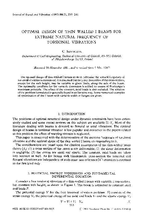 Pdf Optimal Design Of Thin Walled I Beams For Extreme Natural Frequency Of Torsional Vibrations