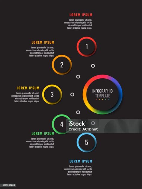 검은 색 배경에 5 개의 둥근 사실적인 요소가있는 비즈니스 인포 그래픽 템플릿 텍스트 상자가 있는 최신 수직 벡터 데이터 시각화 쉽게 편집하고 사용자 정의 할 수 있습니다