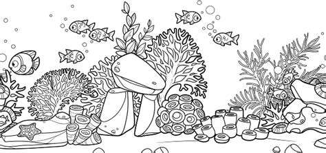 해저와 그 주민들의 가로 완벽 한 배경 말미잘 물고기 산호 돌에 선형 드로잉 색칠 공부 페이지 기포에 대한 스톡 벡터 아트 및 기타 이미지 Istock