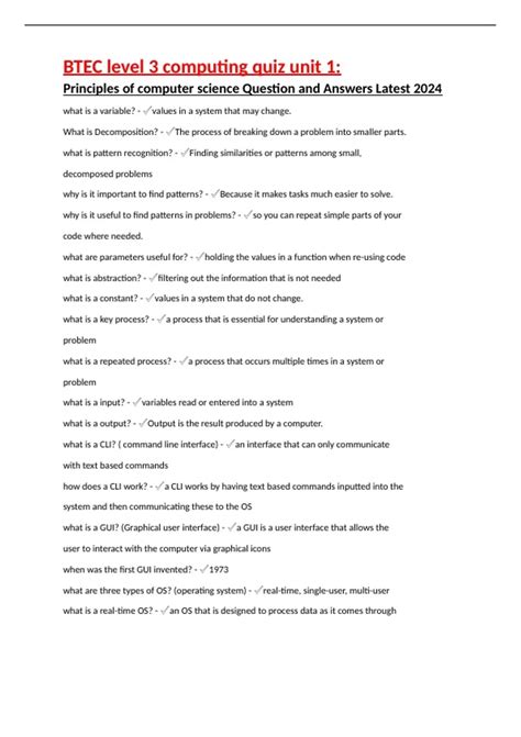 BTEC Level Computing Quiz Unit Principles Of Computer Science Question And Answers Latest