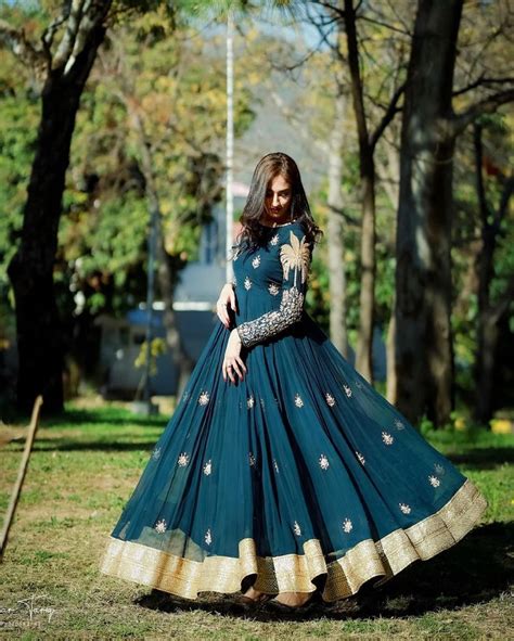 New Heavy Elegent Indian Gold Printed Fox Georgette Anarkali Suit Floral Kurti With Dupatta Blue
