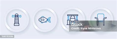 세트 라인 캠핑 접이식 의자 캠프 파이어와 냄비 물고기와 등대 아이콘 벡터 가구에 대한 스톡 벡터 아트 및 기타 이미지 가구 낚시 단일 객체 Istock