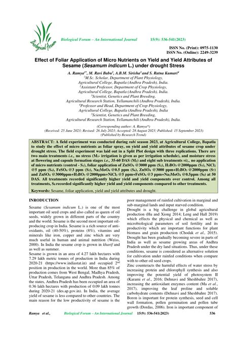 Pdf Effect Of Foliar Application Of Micro Nutrients On Yield And Yield Attributes Of Sesame