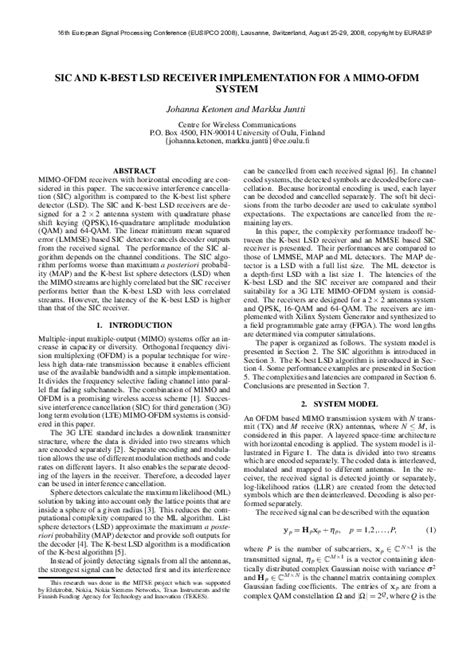 Pdf Sic And K Best Lsd Receiver Implementation For A Mimo Ofdm System