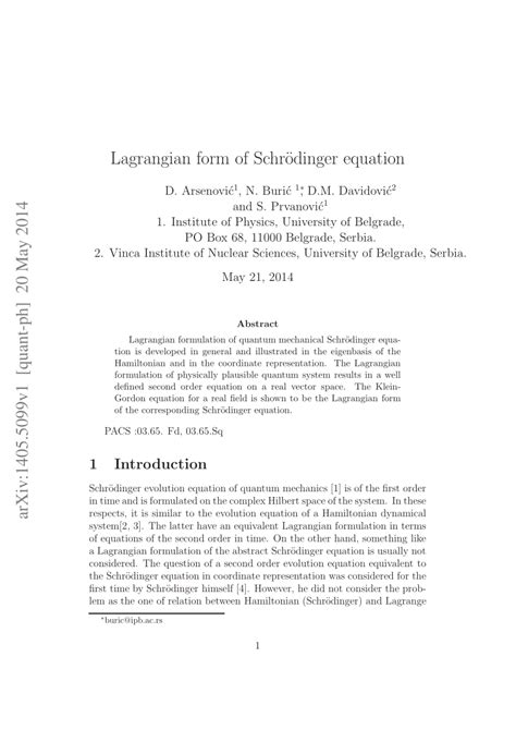 Pdf Lagrangian Form Of Schrodinger Equation