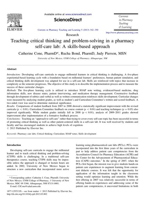 PDF Teaching Critical Thinking And Problem Solving In A Pharmacy Self Care Lab A Skills Based
