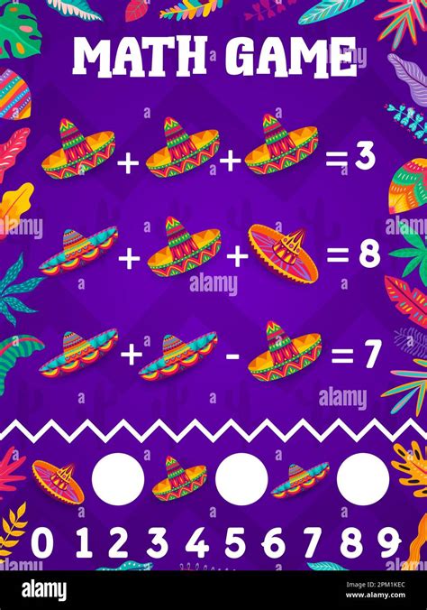 Math Game Worksheet Mexican Sombrero Hats And Flowers Vector