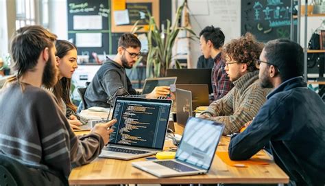 Innovative Code Discussion Young Developers In A Sleek Collaborative Office Environment
