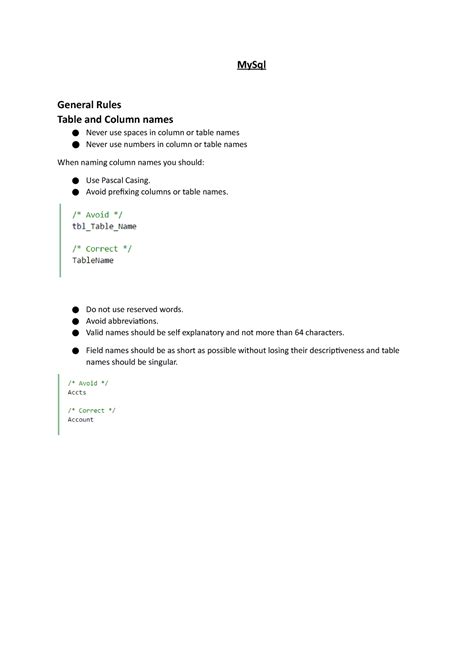 My Sql And Css Standard Recommendations MySql General Rules Table And Column Names Never Use