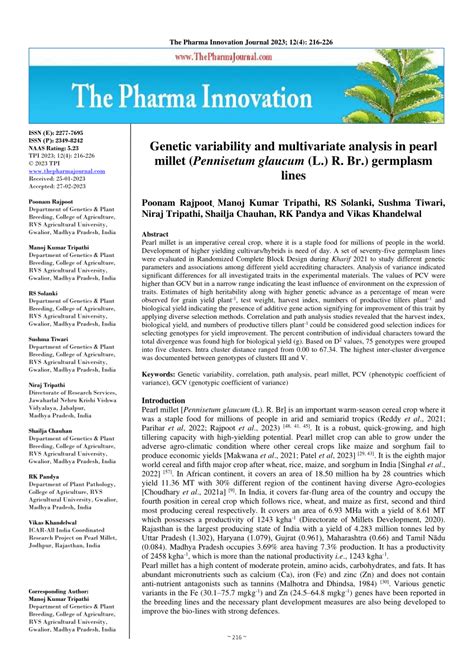 pdf genetic variability and multivariate analysis in pearl millet