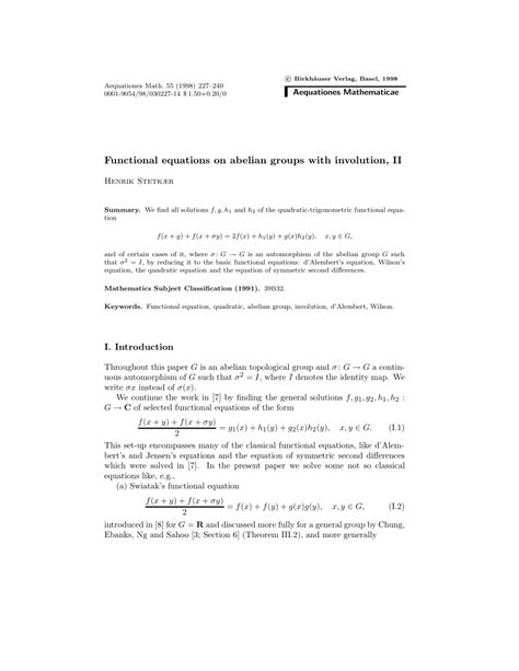 Pdf Functional Equations On Abelian Groups With Involution Ii
