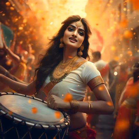 Premium Ai Image Girl Playing Drum And Welcoming Hindu Festivals