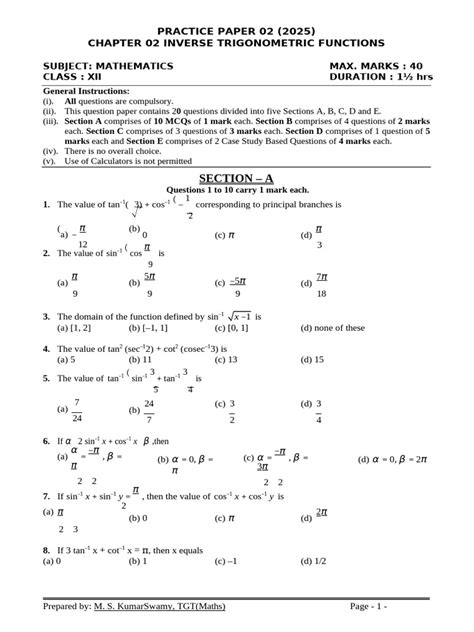 Maths Class Xii Chapter 02 Inverse Trigonometric Functions Practice Paper 02 Pdf Function