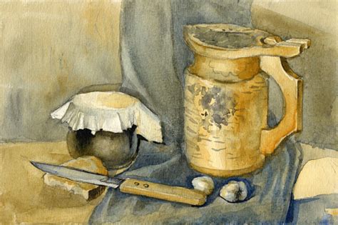수채화 빈티지 정물 그림 자작 나무 껍질로 만든 나무 맥주 머그잔 꿀이 든 세라믹 점토 냄비 회색 파란색 천에 빵과 칼 조각 회화에 대한 스톡 벡터 아트 및 기타 이미지