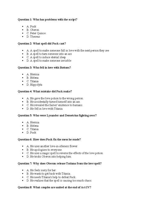 Midsummer Act 4 Multiple Choice Questions Question 1 Who Has