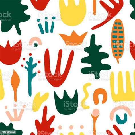 Сon임시 원활한 패턴 손으로 그린 모양 자연 낙서 요소와 개체 추상색 다양한 잎과 꽃 흰색에 고립 된 트렌디 한 현대 플랫 만화 벡터 일러스트 레이션 0명에 대한 스톡