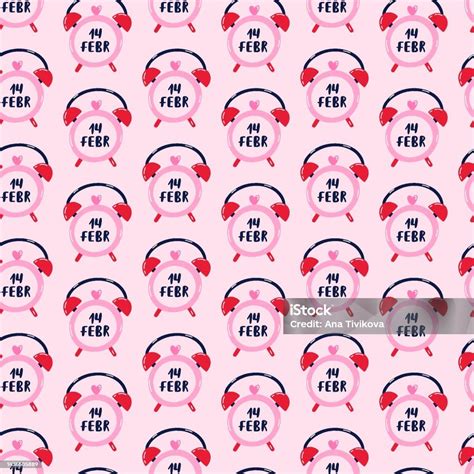 시계 얼굴에 2 월 14 일의 날짜가있는 트렌디 한 알람 시와 함께 벡터 매끄러운 손으로 그린 패턴 발렌타인 데이 일러스트레이션 포장지 침구 노트북 패키지 선물 용지 14에