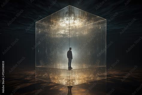 3d Cube Block With Floating Human Standing Front Of Cube Luminous Glowing Reflecting Or