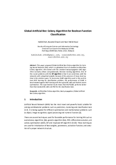 Pdf Global Artificial Bee Colony Algorithm For Boolean Function Classification