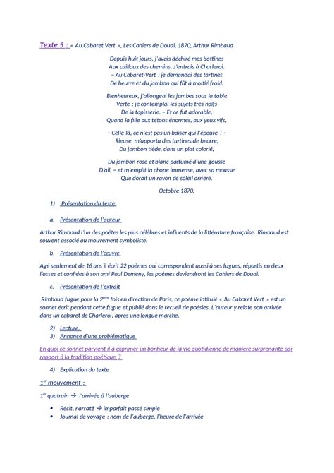 au cabaret vert poème de arthur rimbaud résumés français docsity