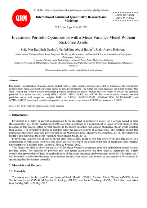 Pdf Investment Portfolio Optimization With A Mean Variance Model Without Risk Free Assets