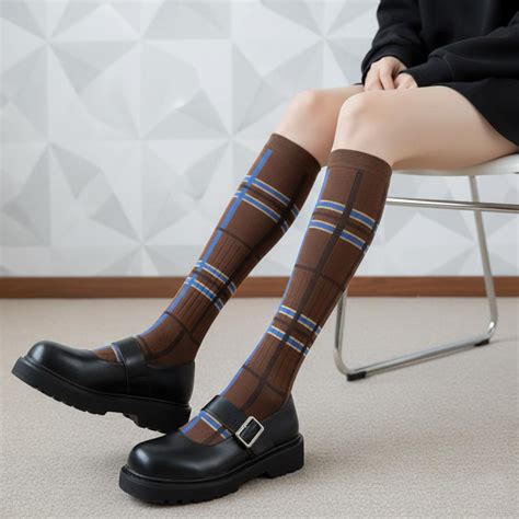 Retro Plaid And Argyle Knee High Socks Brown Blue And Beige Pattern