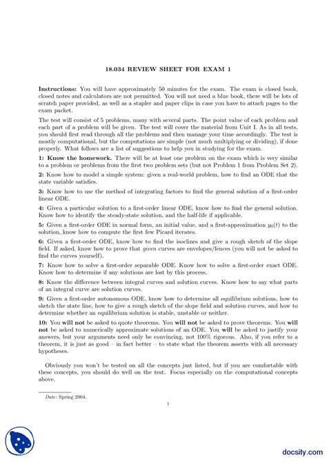 review sheet for exams differential equations handout docsity