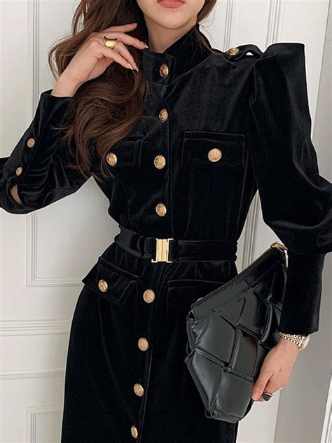 벨트set 벨벳 사이드 슬릿 하이넥 목폴라 원피스 더블포켓 금장 단추 골드 버튼 어깨 퍼프 원피스 소매 퍼프 허리벨트 브이넥원피스 슬릿 원피스 벨벳 드레스 롱 스커트