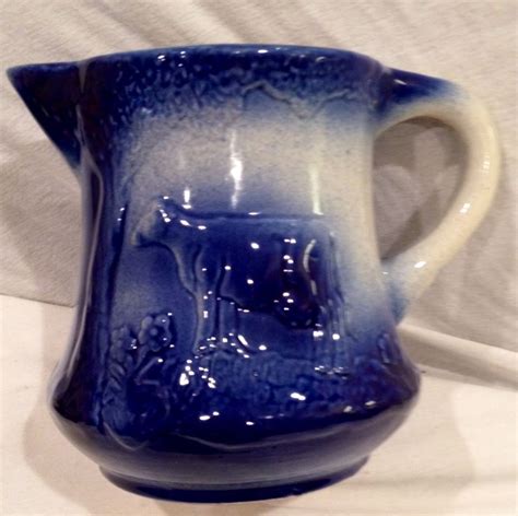 Antique Flow Blue Milk Pitcher Meadow Cow For Sale