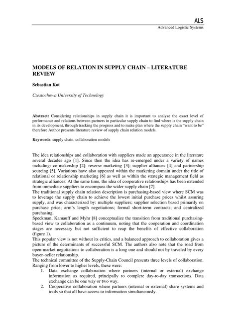 Pdf Models Of Relation In Supply Chain Literature Review