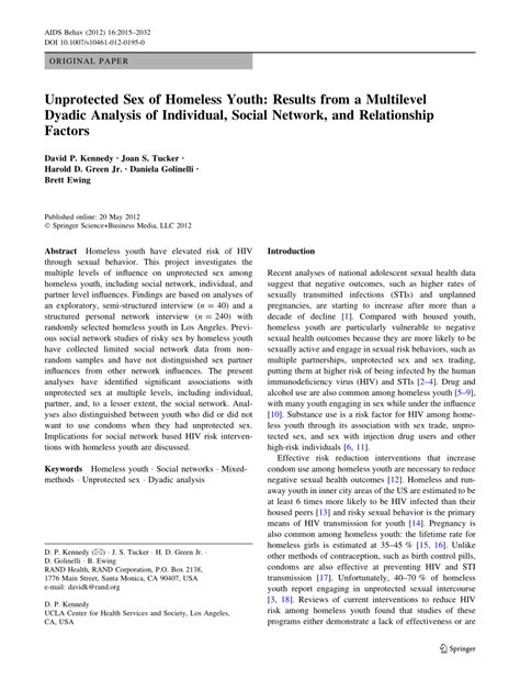 PDF Unprotected Sex Of Homeless Youth Results From A Multilevel Dyadic Analysis Of Individual