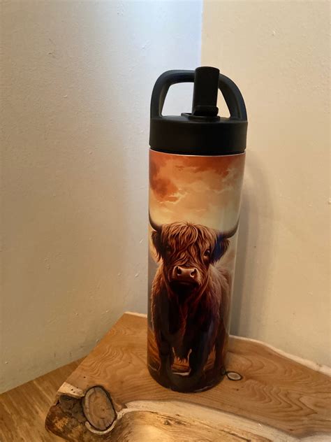 Highland Cow And Calf 20oz Black Handled Water Bottle Insulated Etsy