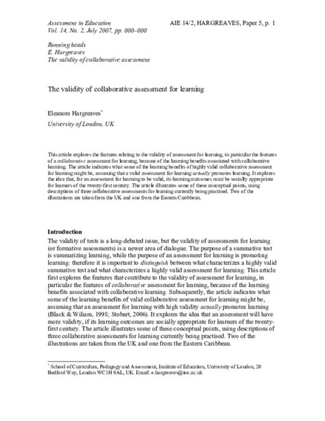Pdf The Validity Of Collaborative Assessment For Learning