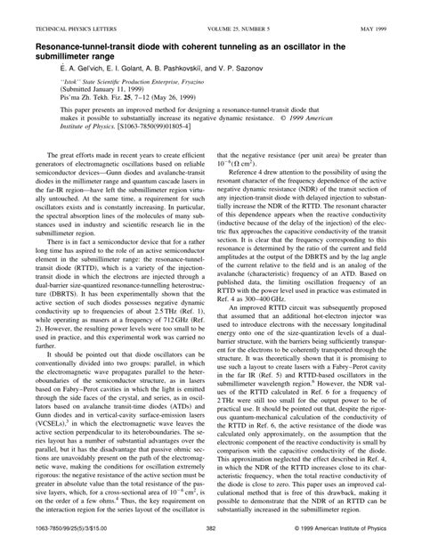Pdf Resonance Tunnel Transit Diode With Coherent Tunneling As An Oscillator In The