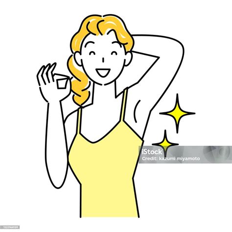 보디 케어 효과 Ok 일러스트로 빛나는 아름다운 겨드랑이를 보여주는 미소 여자 Ok 일러스트 간단한 벡터 사랑스러운 미소 여자는