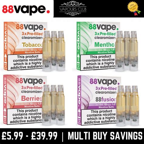 88vape 3x Pack Pre Filled Eliquid Clearomizer Capsules Nic Salt 12
