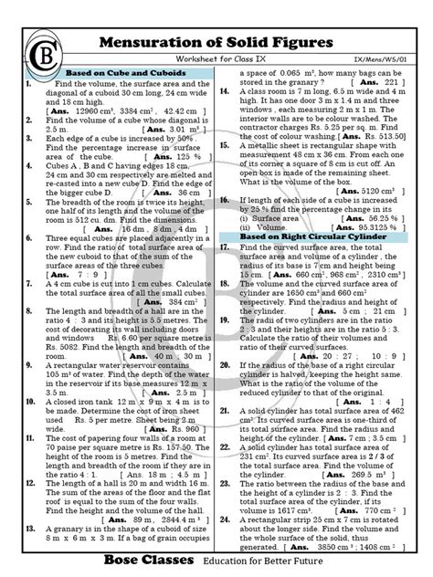 1 Ix Mens Ws 01 24 25 Mensuration Worksheet Pdf Sphere Area