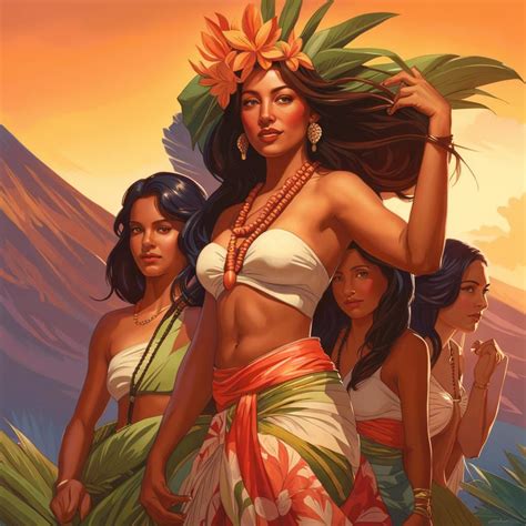 Beautiful Hawaiian Girl Doing Hula With Her Sisters Dressed In A Sarong