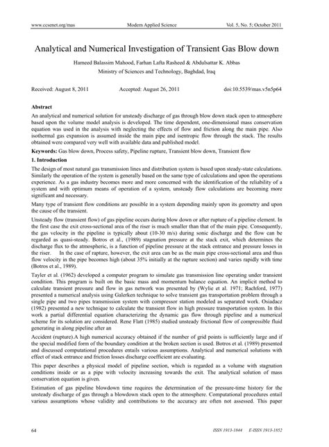 Pdf Analytical And Numerical Investigation Of Transient Gas Blow Down