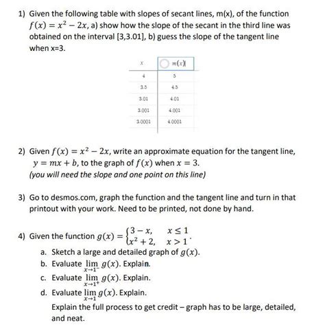 solved 1 given the following table with slopes of secant