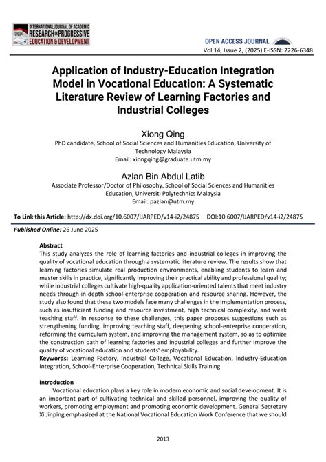 Pdf Application Of Industry Education Integration Model In Vocational Education A Systematic