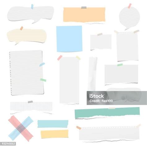 화려하 고 흰색 접착제 스티커 마스킹 덕트 테이프 조각 찢어진 노트 노트 텍스트에 대 한 연설 거품은 흰색 바탕에 격리 됩니다 종이에 대한 스톡 벡터 아트 및 기타 이미지